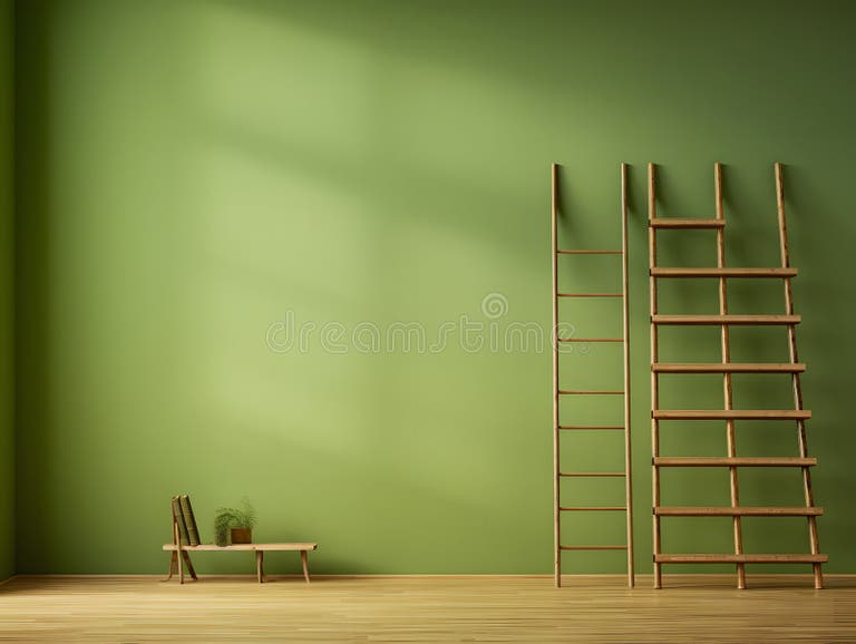 Empty Green Wall Room with Ladders and Wooden Steps Stock Illustration ...