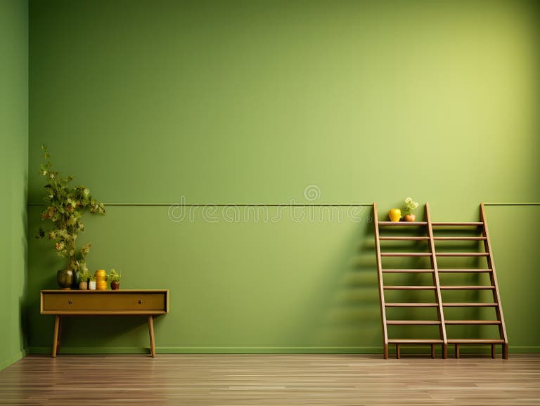 Empty Green Wall Room with Ladders and Wooden Steps Stock Illustration ...