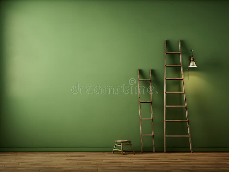 Empty Green Wall Room with Ladders and Wooden Steps Stock Illustration ...