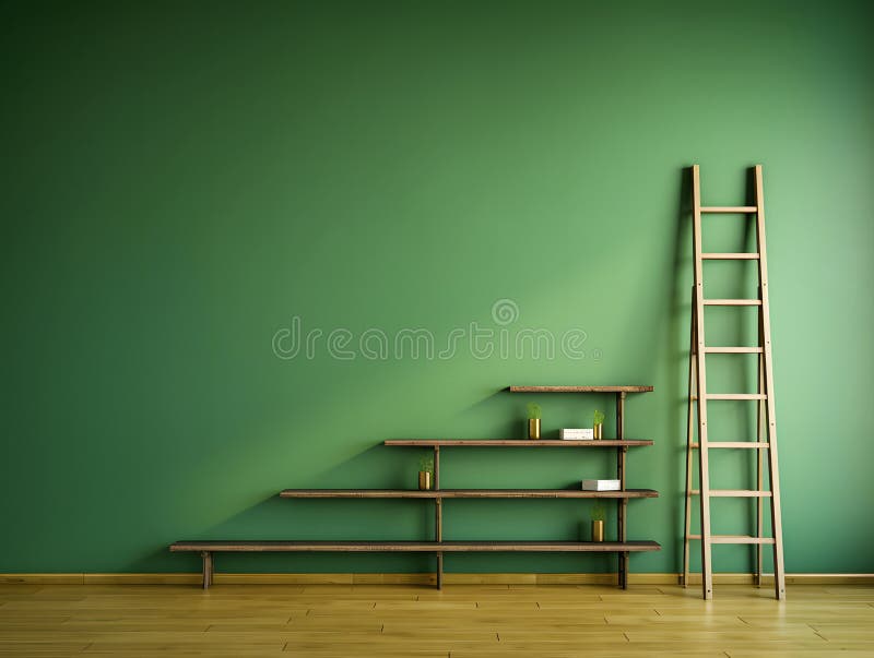 Empty Green Wall Room with Ladders and Wooden Steps Stock Illustration ...