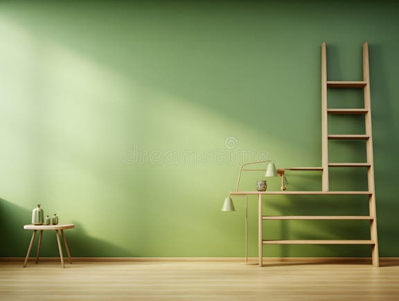 Empty Green Wall Room with Ladders and Wooden Steps Stock Illustration ...