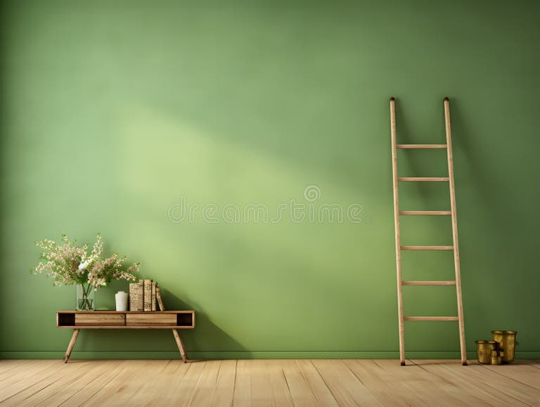 Empty Green Wall Room with Ladders and Wooden Steps Stock Illustration ...