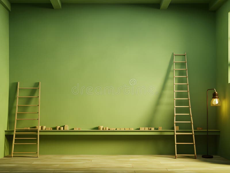 Empty Green Wall Room with Ladders and Wooden Steps Stock Illustration - Illustration of blank ...
