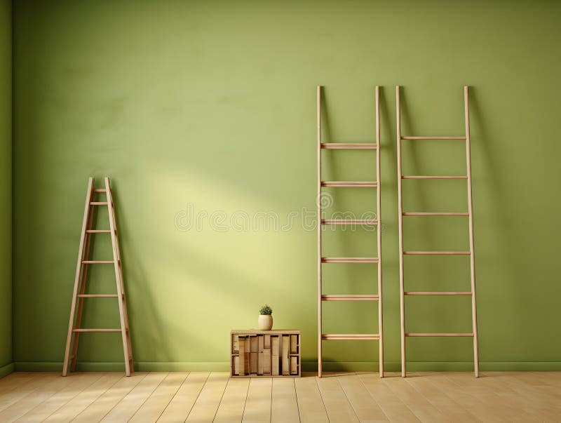 Empty Green Wall Room with Ladders and Wooden Steps Stock Illustration ...