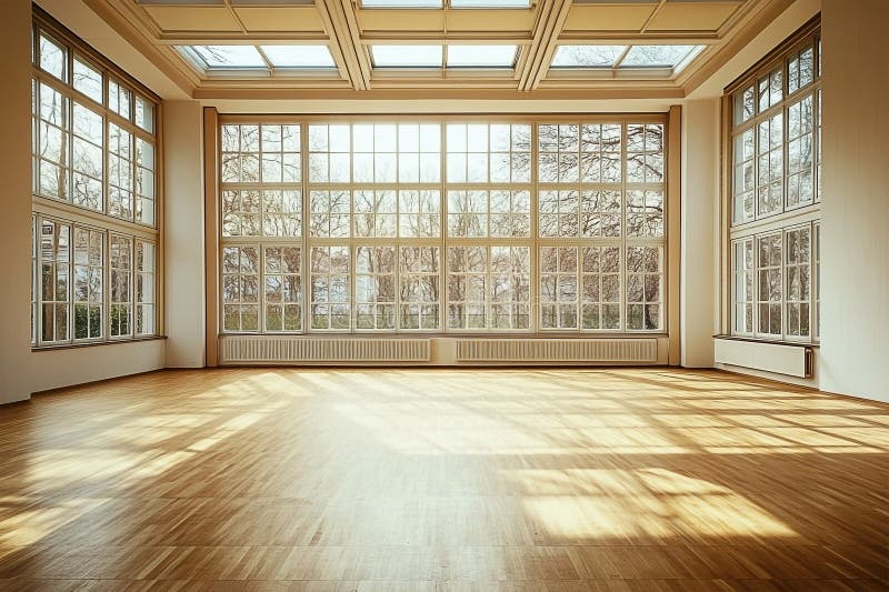A Spacious Empty Room Featuring a Wooden Floor, Large Windows and ...