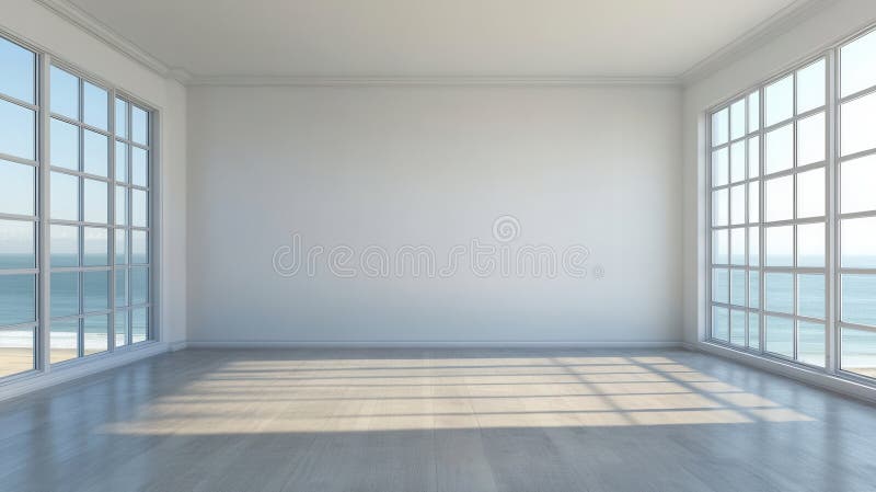 A Spacious, Empty Room with Large Windows Overlooking the Ocean Stock ...