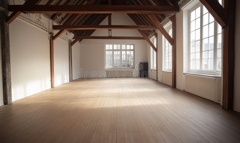 Spacious Empty Room with Wooden Beams and Large Windows, Ideal for ...