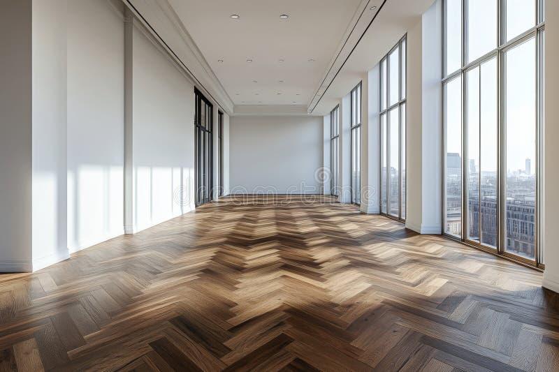 Spacious Empty Room with Wooden Herringbone Floor and Large Windows ...