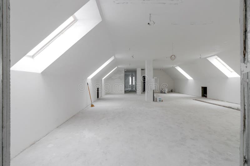 Spacious Empty Rooms in the Attic Floor after Filling Out the Work on ...