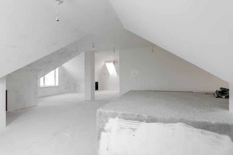 Spacious Empty Rooms in the Attic Floor after Filling Out the Work on ...