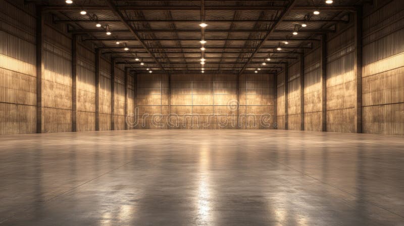 A Spacious, Empty Warehouse with Concrete Floors and Overhead Lighting ...