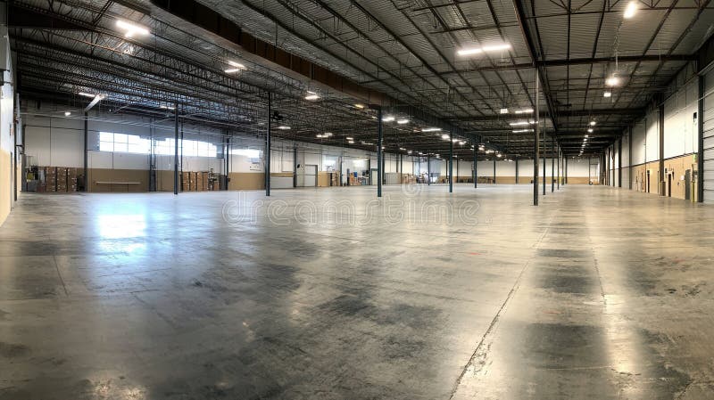 A Spacious, Empty Warehouse with High Ceilings and Concrete Flooring Stock Illustration ...