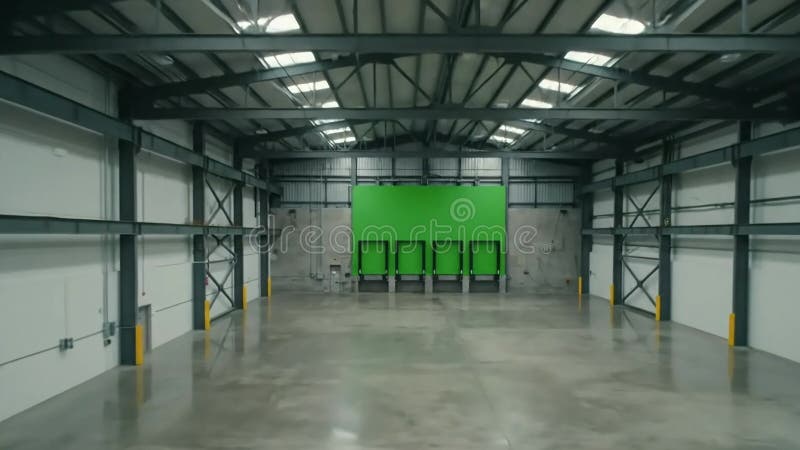 Spacious Empty Warehouse Interior with Loading Docks and a Green Screen ...