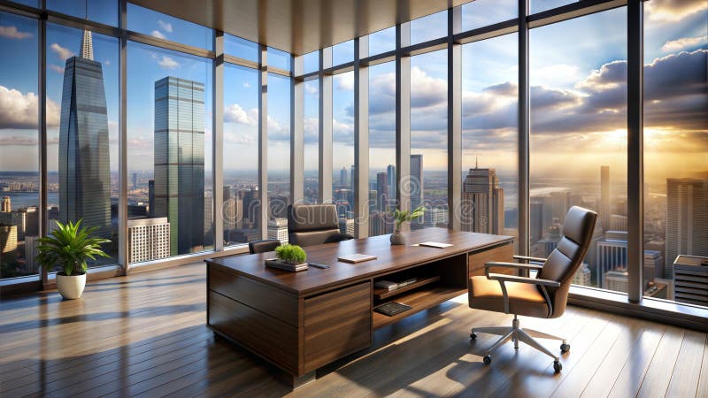 Spacious Executive Office with Panoramic City Skyline View Stock ...