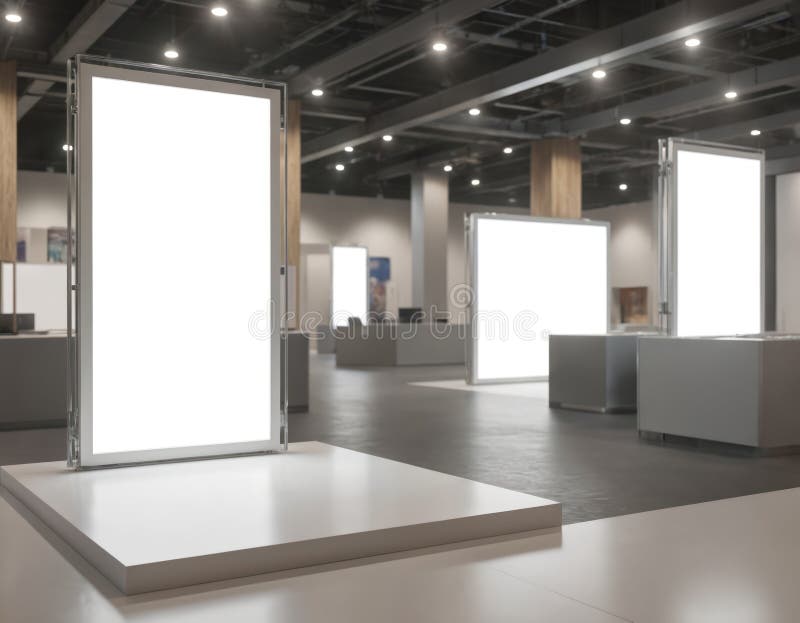Spacious Exhibition Booth Features Large Blank Banners, Empty Display ...
