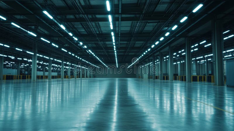 Spacious Factory Floor with Modern LED Lighting a Clean Industrial ...