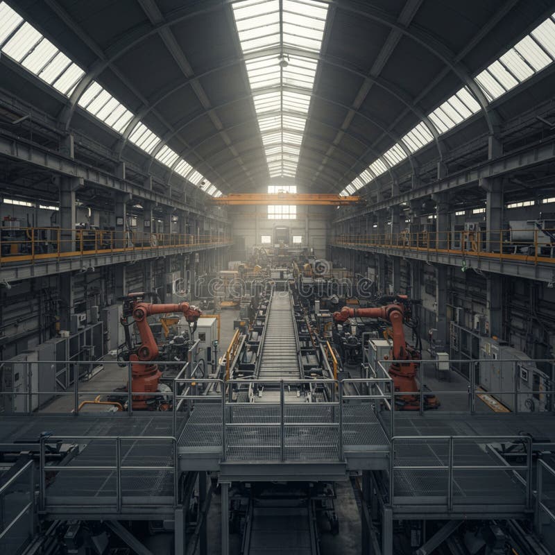 Spacious Factory Interior Featuring Advanced Robotic Arms Along an ...