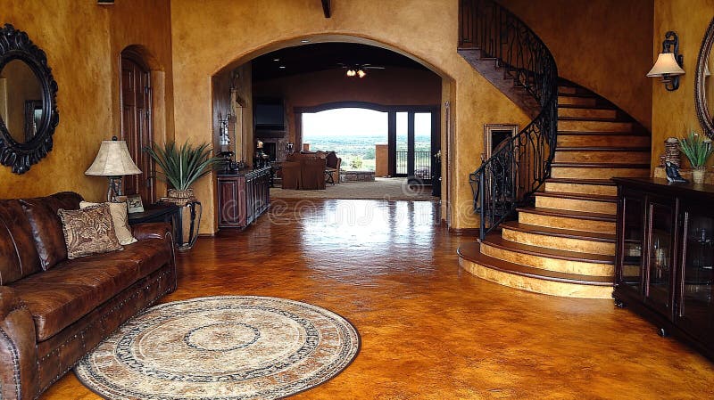 Spacious Foyer with Winding Staircase and Open-plan Living Area Stock ...