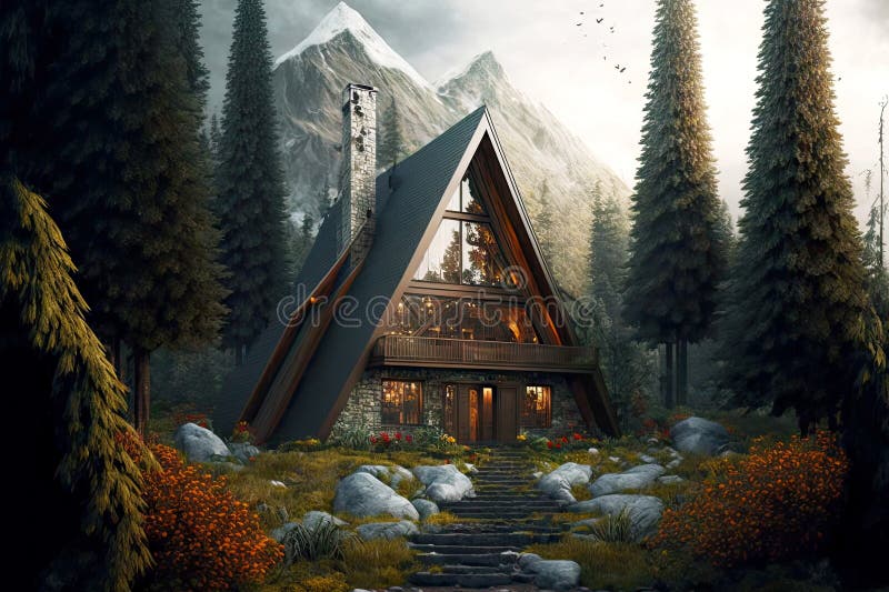 Spacious a-frame Cabin with Large Windows and Staircase Against ...