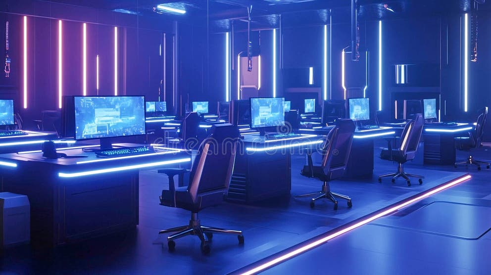 High-tech Gaming Lounge Featuring Multiple Computer Stations with ...