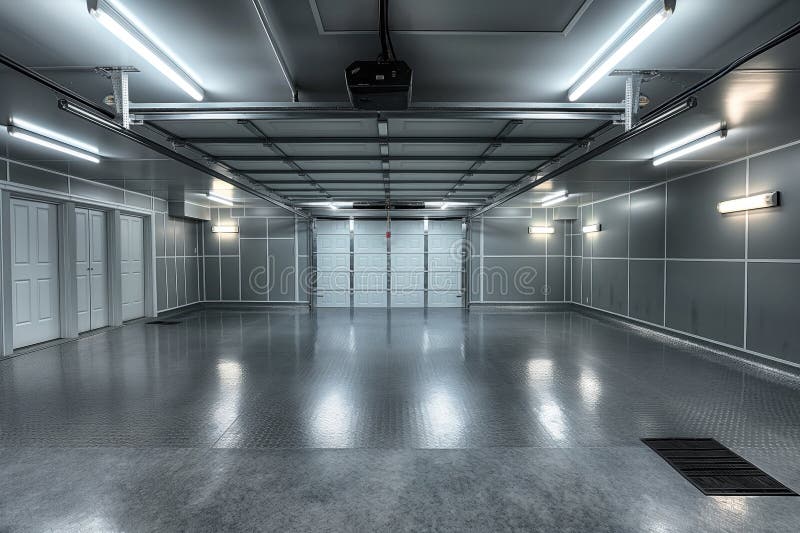 Spacious Garage with Concrete Floor, Walls. Illuminated by Overhead ...