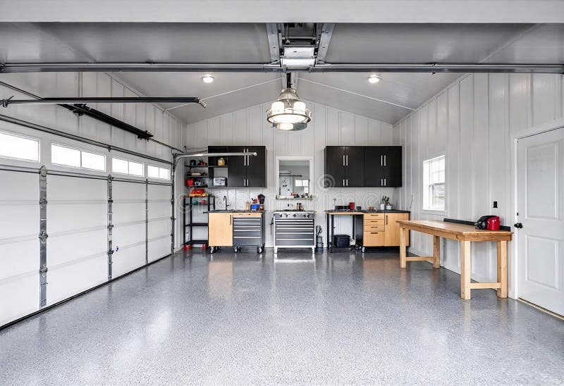 Spacious Garage Interior with Modern Storage Solutions, Workbench, and ...