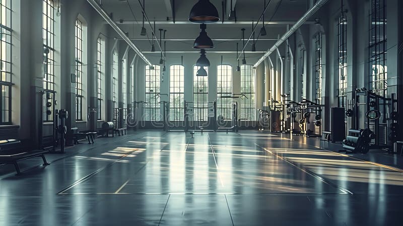Spacious Gym Interior with High Ceilings and Modern Equipment Stock ...