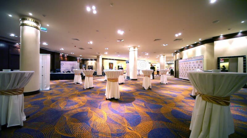 Spacious Hall with Columns and Carpet, Tables Stock Video - Video of ...