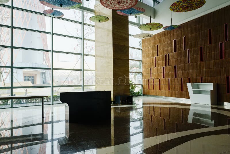 Spacious Hall with Large Glass Wall Stock Image - Image of spacious ...
