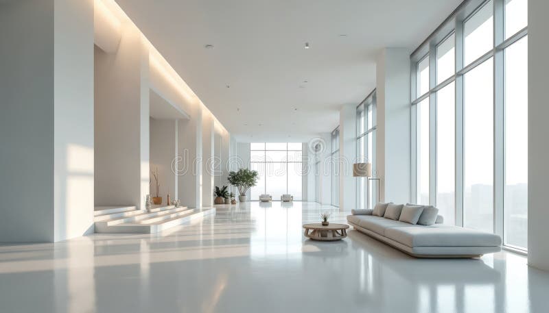 Spacious Hall with White Interior, Sunlight, Large Windows. Lounge Zone ...
