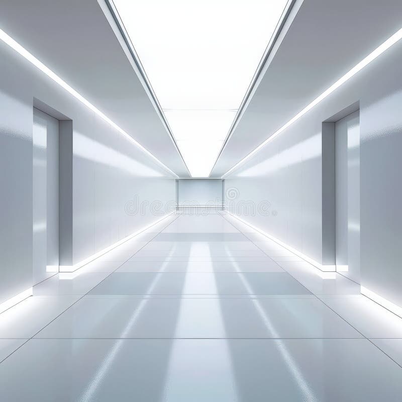 Bright Hallway with Glowing Lights in a Modern White Room Stock ...