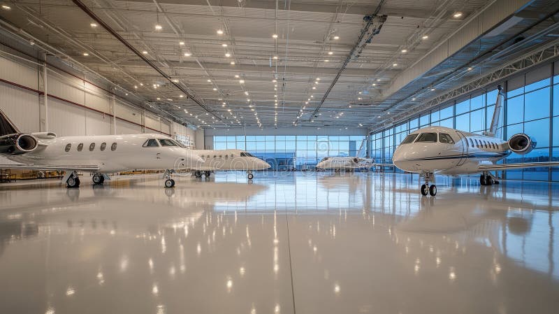 A Spacious Hangar Featuring Multiple Private Jets with Bright Lighting ...