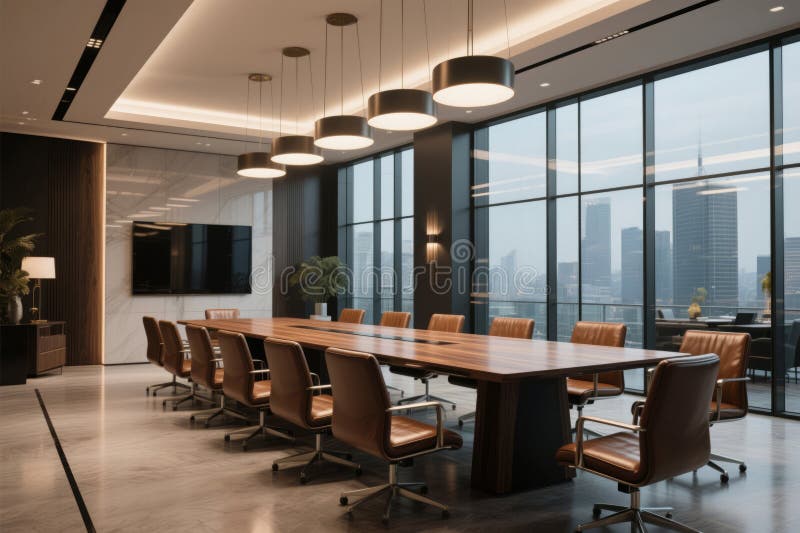 Modern Conference Room with Large Glass Windows, Elegant Wooden Table ...