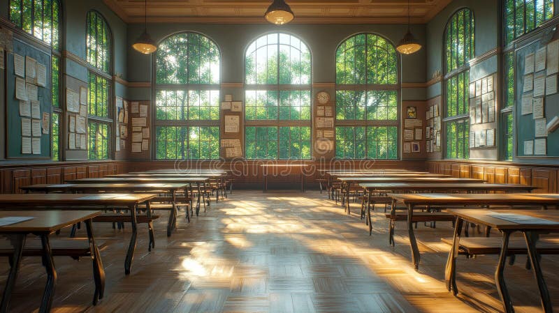 Spacious High School Hall with Rows of Wooden Desks, Large Windows, and ...
