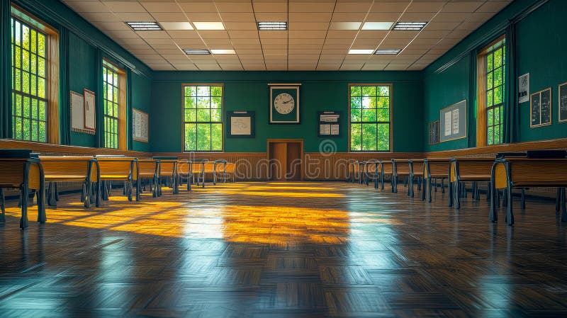 Spacious High School Hall with Rows of Wooden Desks, Large Windows, and ...