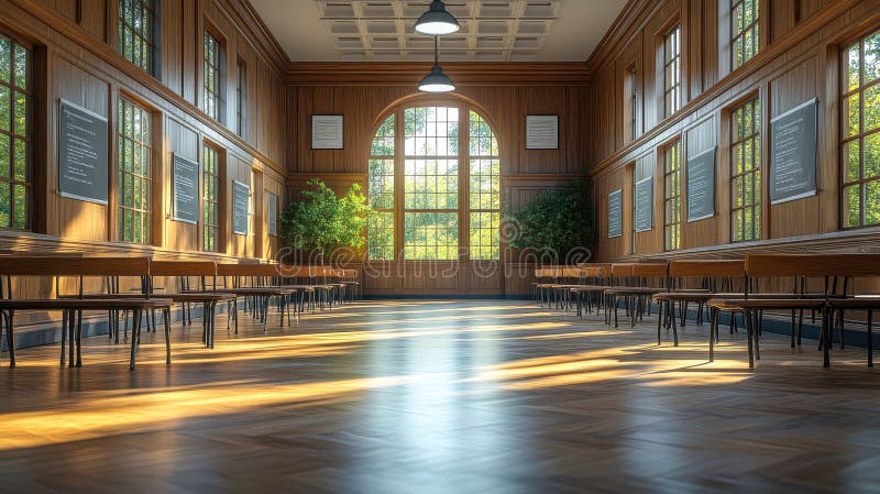 Spacious High School Hall with Rows of Wooden Desks, Large Windows, and ...
