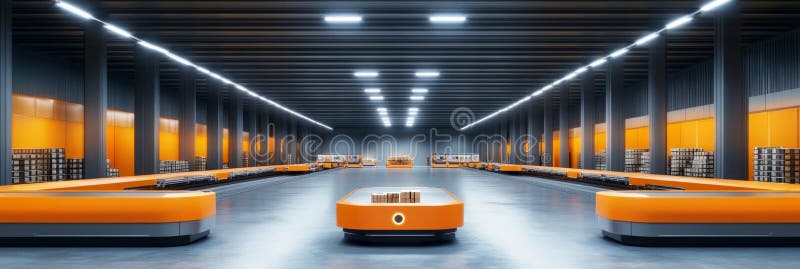 A Spacious, High-tech Warehouse with Robotic Conveyors Transporting ...