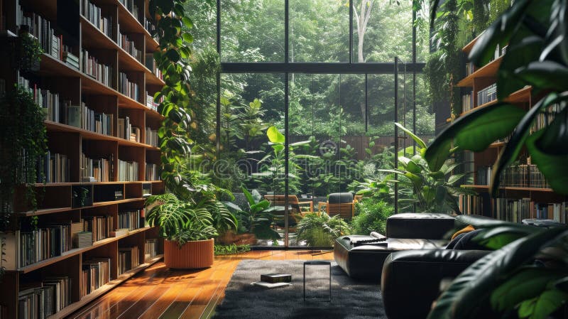 Spacious Home Library with Biophilic Design Elements Stock Image ...