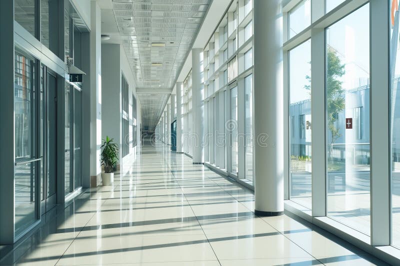 Spacious Hospital Hallway with Reflective Flooring and Natural Light ...