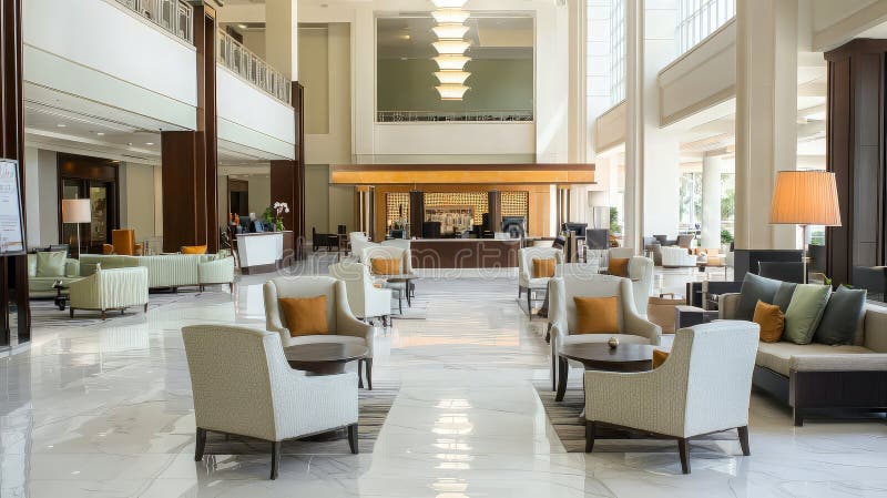 Spacious Hotel Lobby Interior Design Stock Image - Image of wood ...