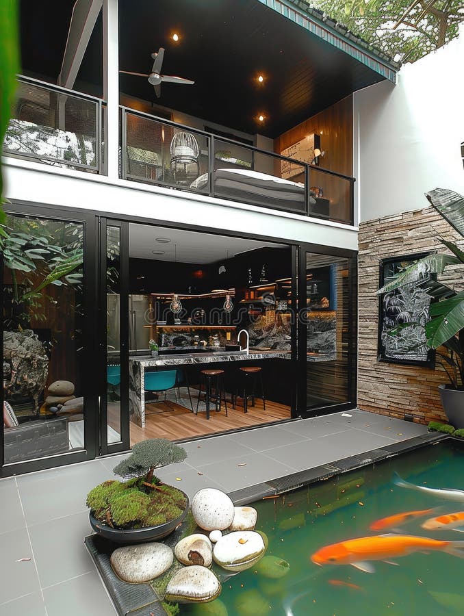 Spacious House with Pool, Trees, and Vegetation in Front Stock Image ...