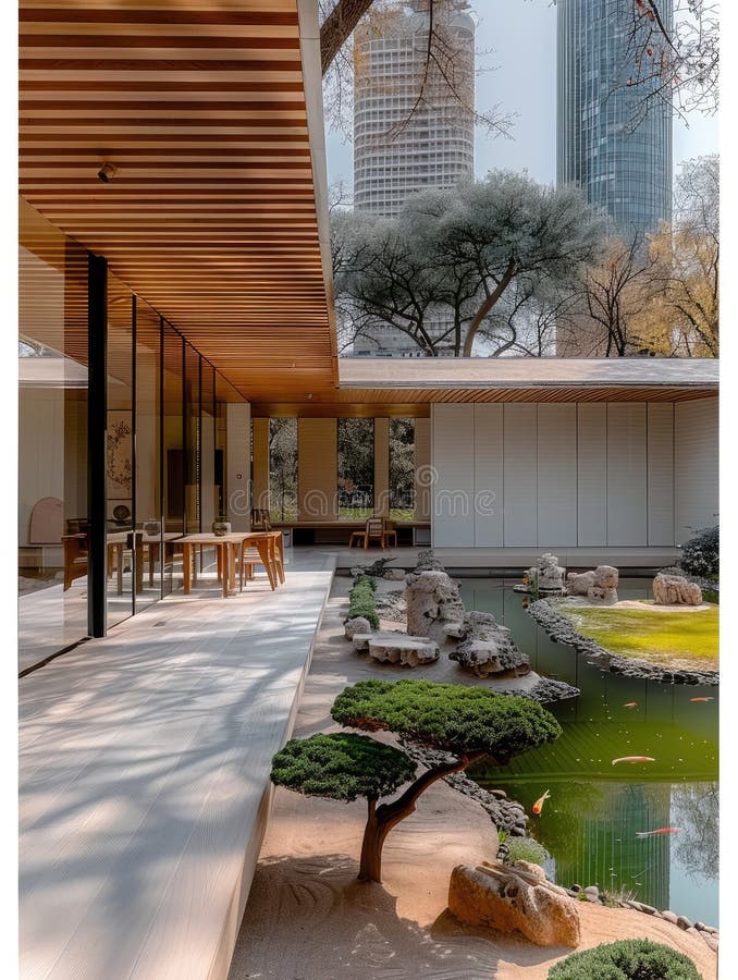 Spacious House with Pool, Trees, and Vegetation in Front Stock Photo ...