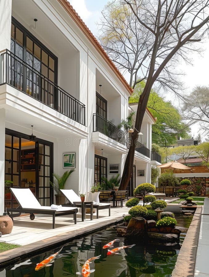 Spacious House with Pool, Trees, and Vegetation in Front Stock Photo ...