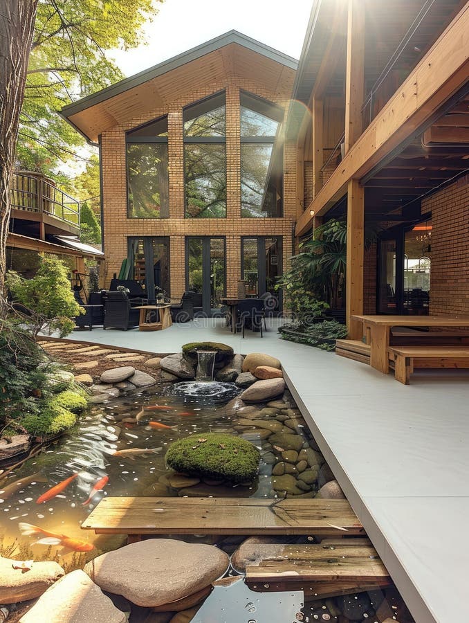 Spacious House with Pool, Trees, and Vegetation in Front Stock Image ...