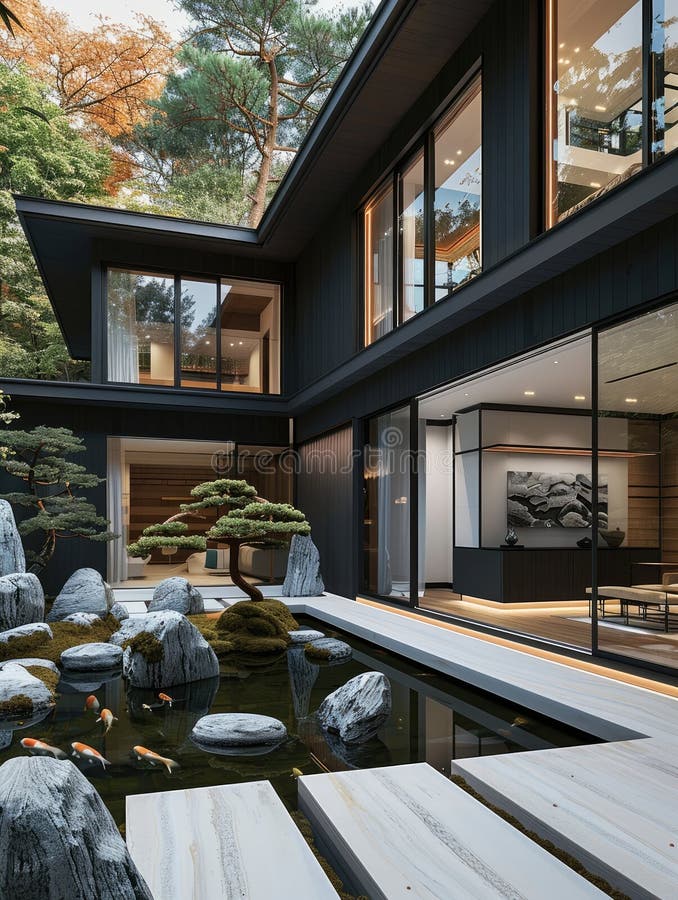 Spacious House with Pool, Trees, and Vegetation in Front Stock Photo ...