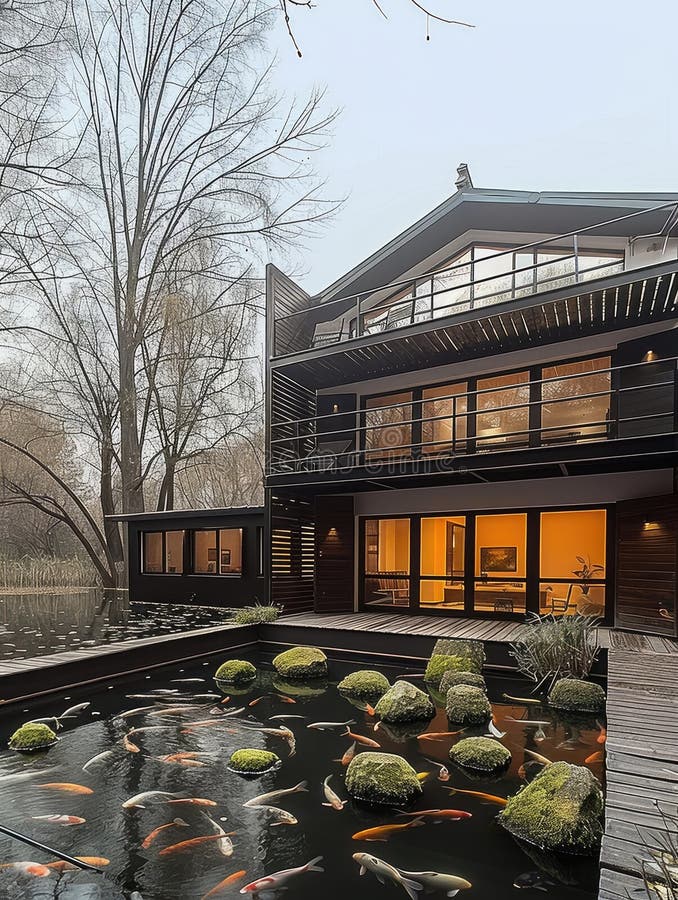 Spacious House with Pool, Trees, and Vegetation in Front Stock Image ...