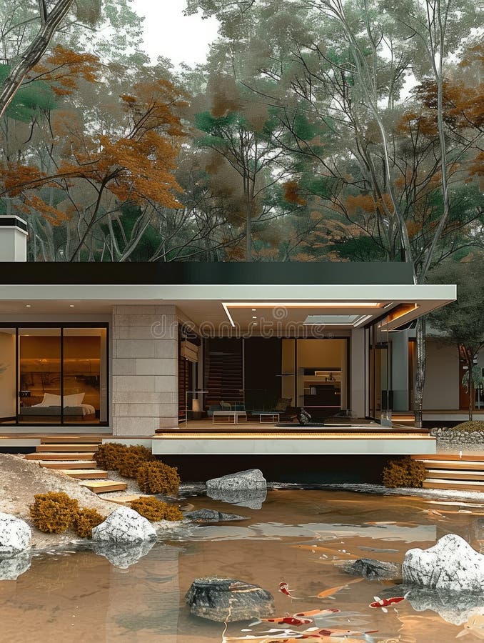 Spacious House with Pool, Trees, and Vegetation in Front Stock Image ...