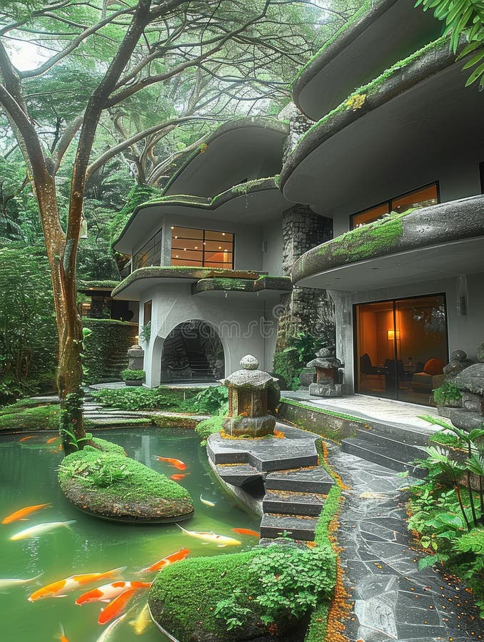 Spacious House with Pool, Trees, and Vegetation in Front Stock Image ...