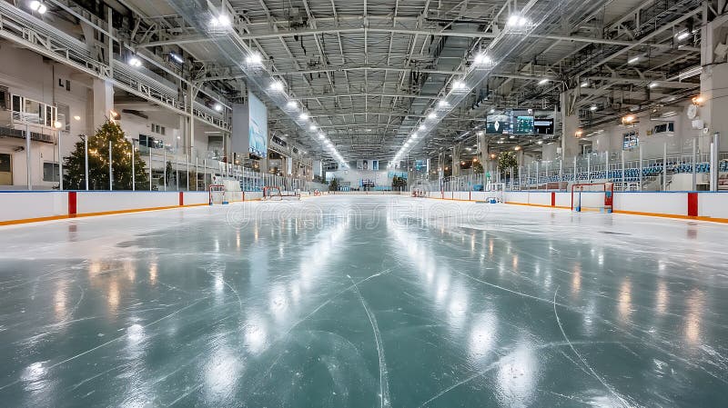 Spacious Indoor Ice Rink with Bright Lighting and Reflective Ice ...