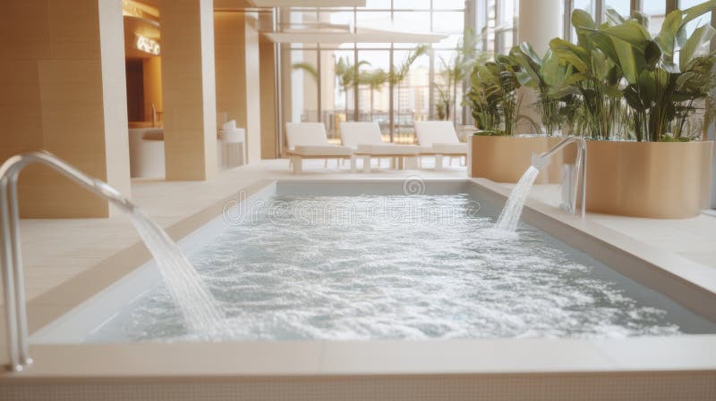A Spacious Indoor Jacuzzi with Water Flowing Elegantly from Its Spouts ...